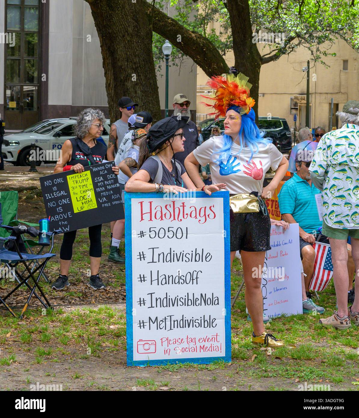New Orleans, LA, USA - April 5, 2025: Protesters with signs at the ...