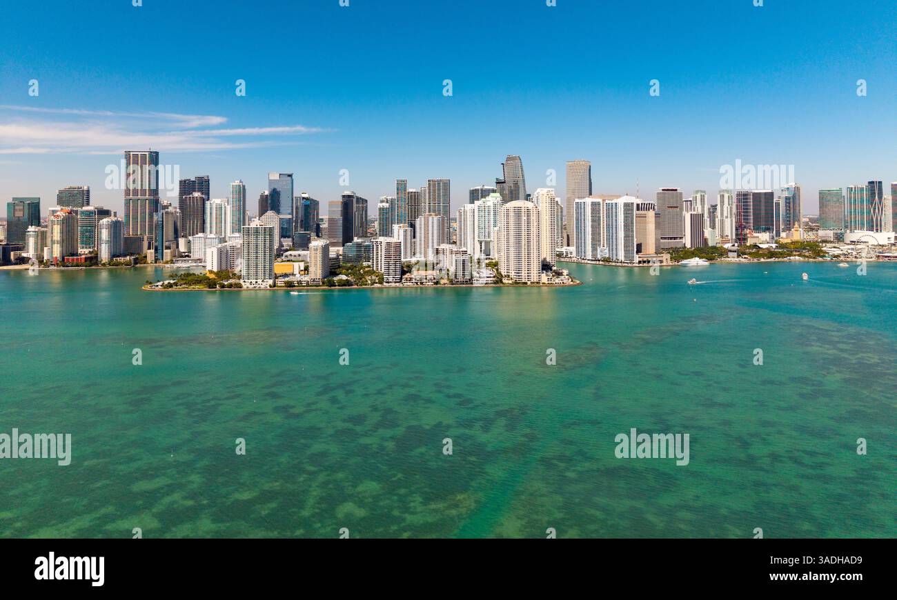 Aerial view of cityscape with skyscraper in Brickell Key, USA. Downtown ...