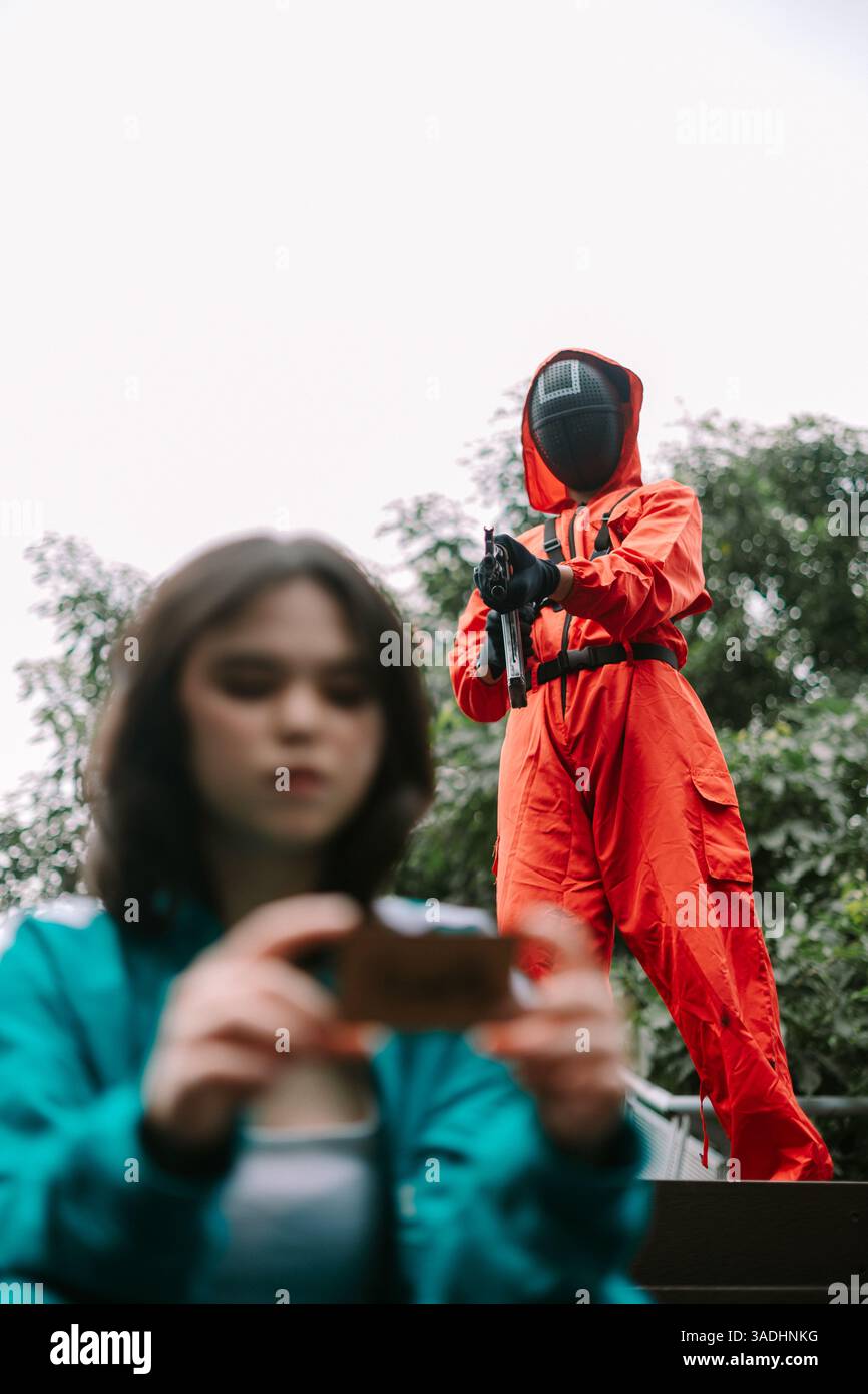 Jakarta, Indonesia, April 4, 2025. A blurred woman is using her phone ...