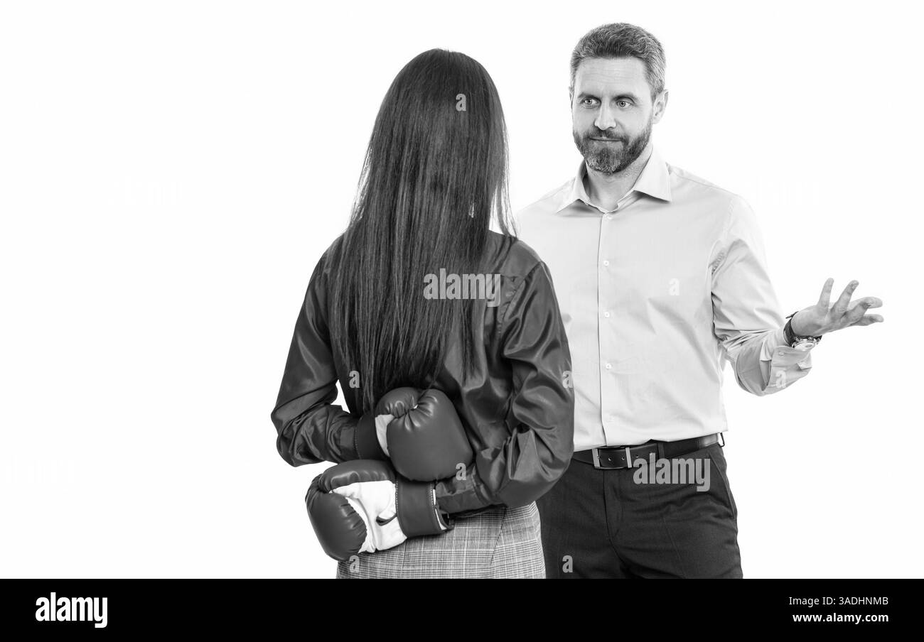 business partners fighting in boxing gloves isolated on white. anger ...