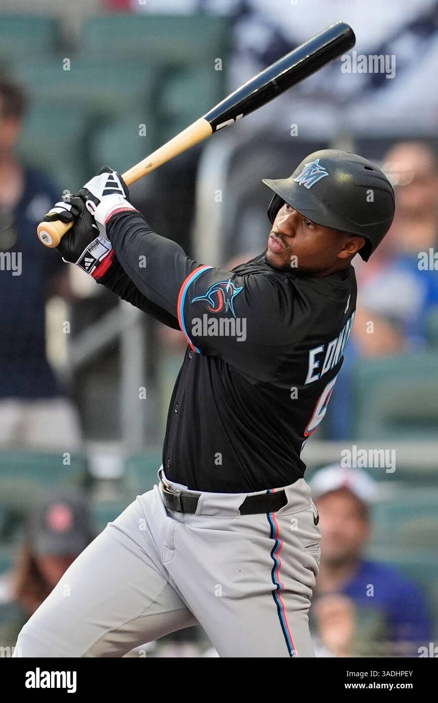 Miami Marlins shortstop Xavier Edwards (9) hits a double against the ...