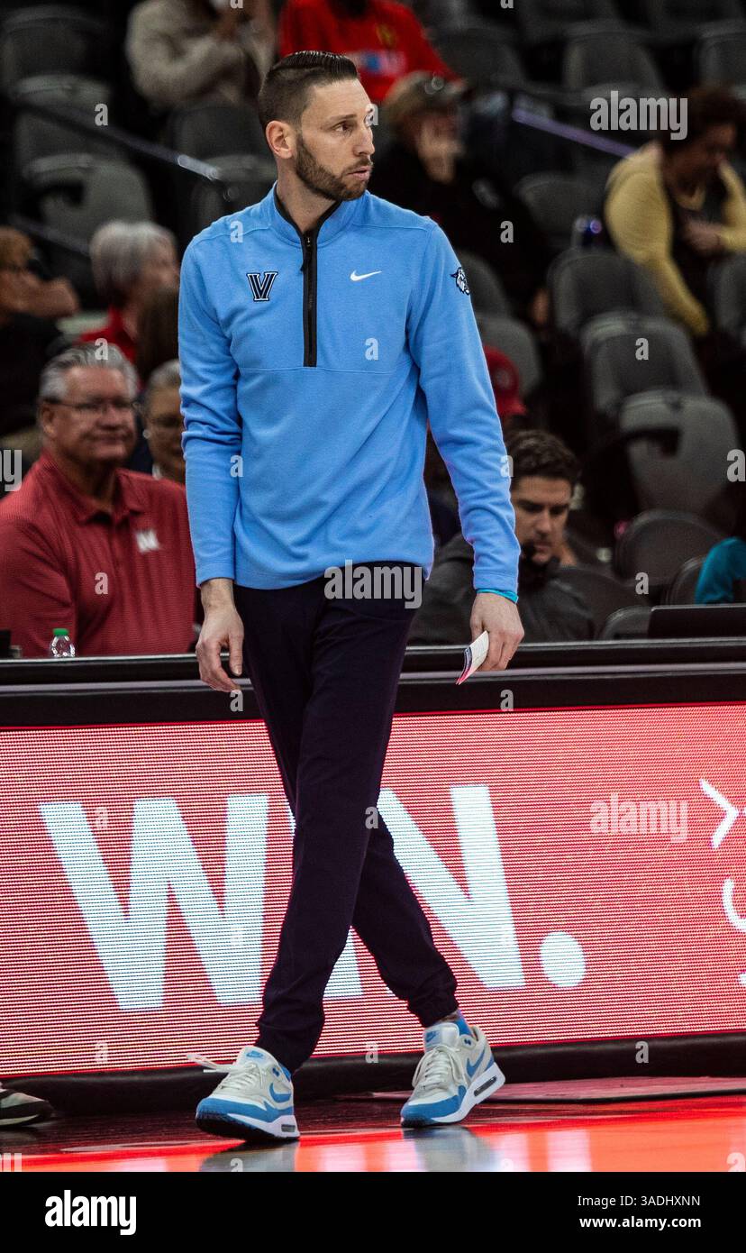 April 05 2025 Las Vegas, NV U.S.A. Villanova head coach Mike Nardi on the court during the NCAA ...