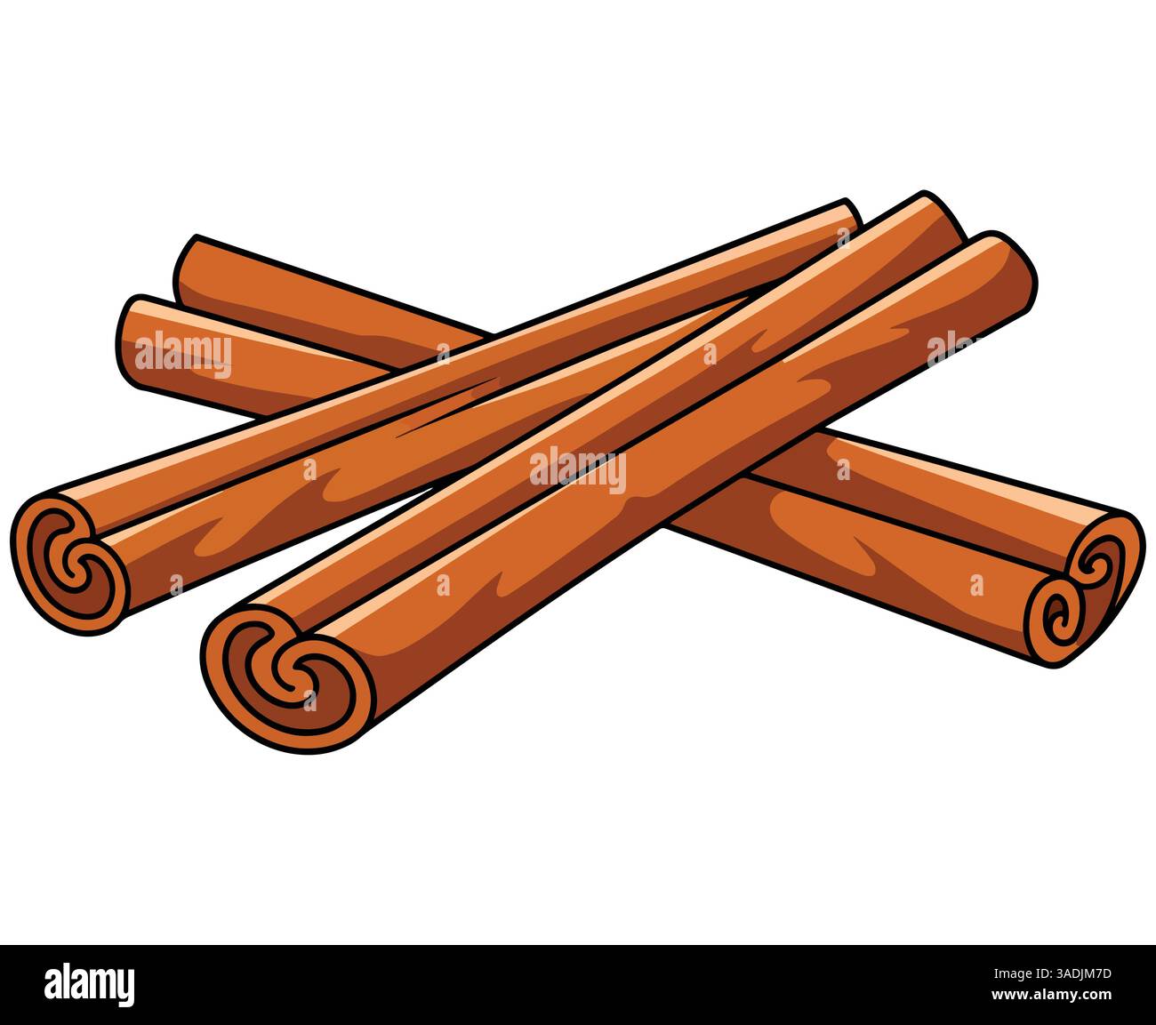 Three rolled cinnamon sticks in a detailed flat style. Aromatic spice ...