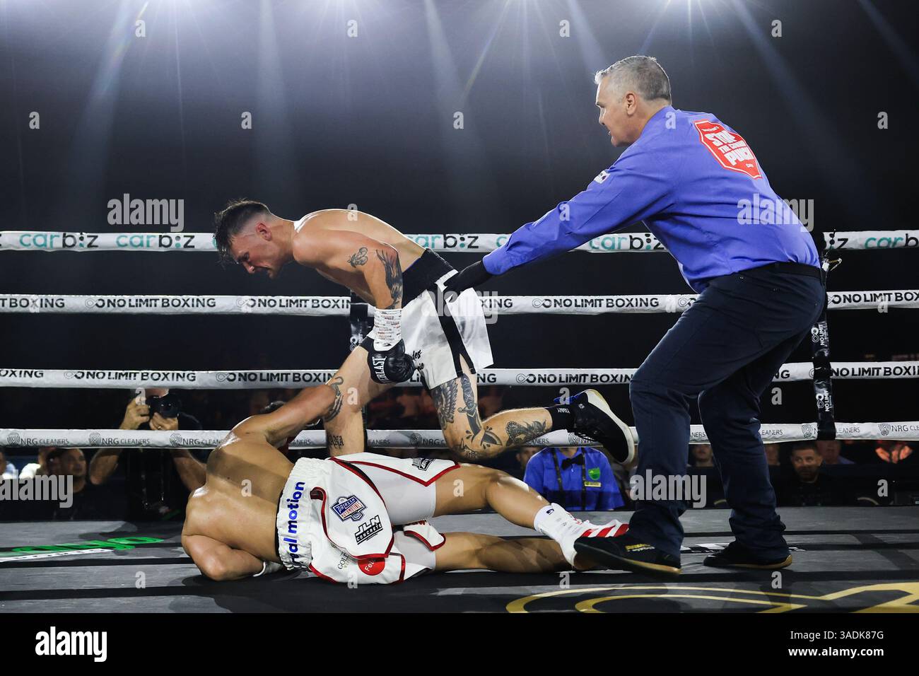 Newcastle, Australia. 06th Apr, 2025. The referee moves in as Ryan Daye is knocked down at ...