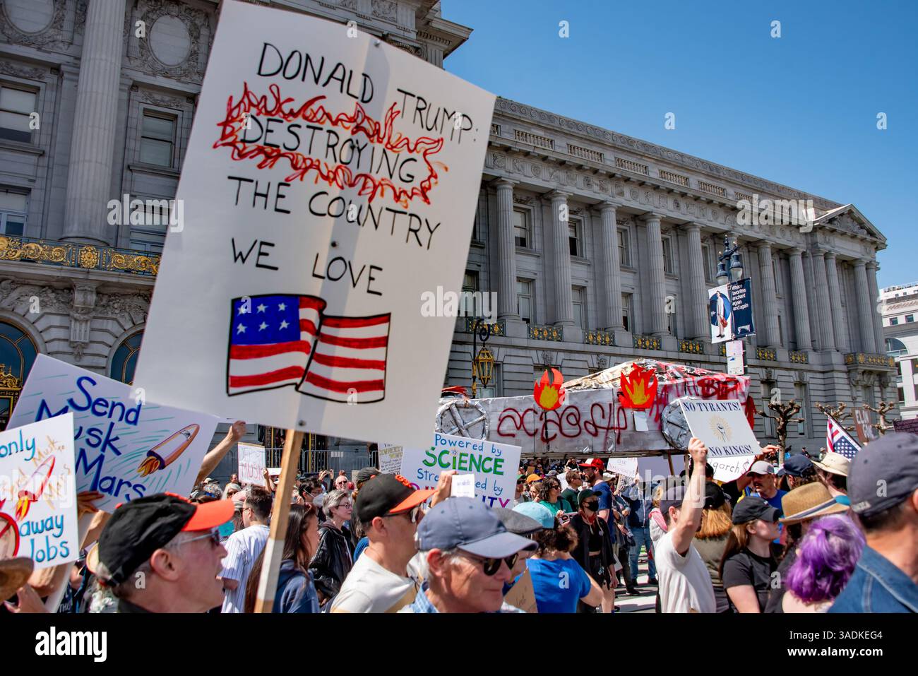San Francisco, USA. 5th Apr 2025. Protesters stand in front of San ...