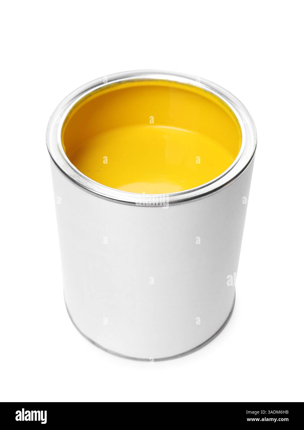 Can of yellow paint isolated on white Stock Photo - Alamy