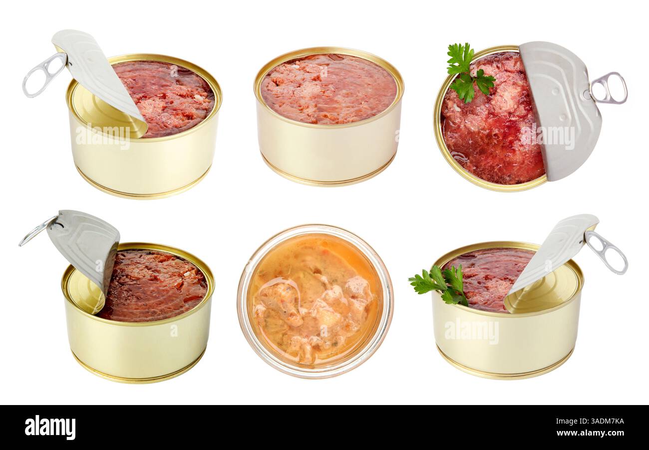 Different canned meat in tin cans isolated on white, set Stock Photo ...