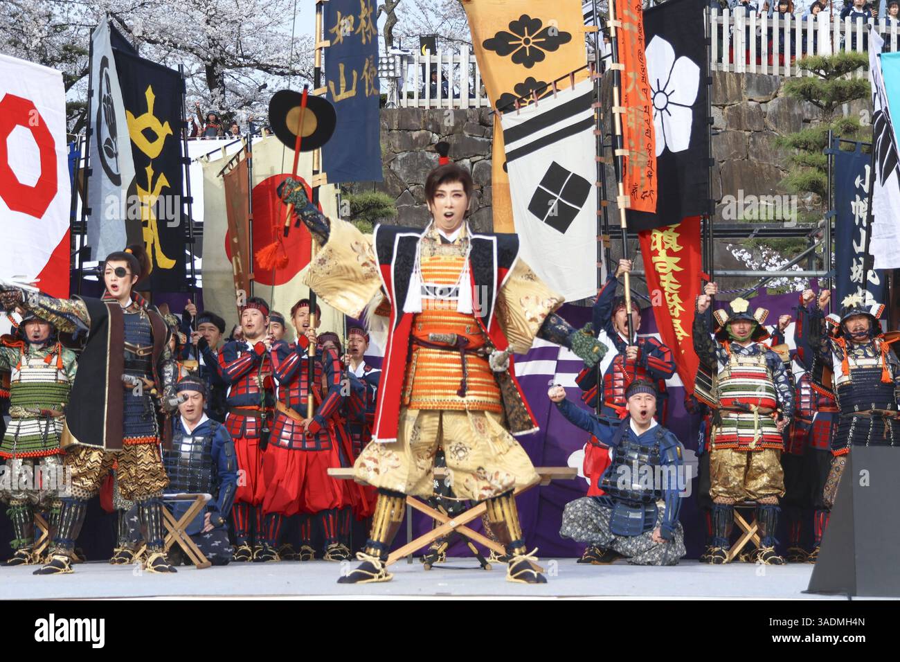 Actress Jun Shibuki, dressed as Takeda Shingen, a 16th century feudal ...