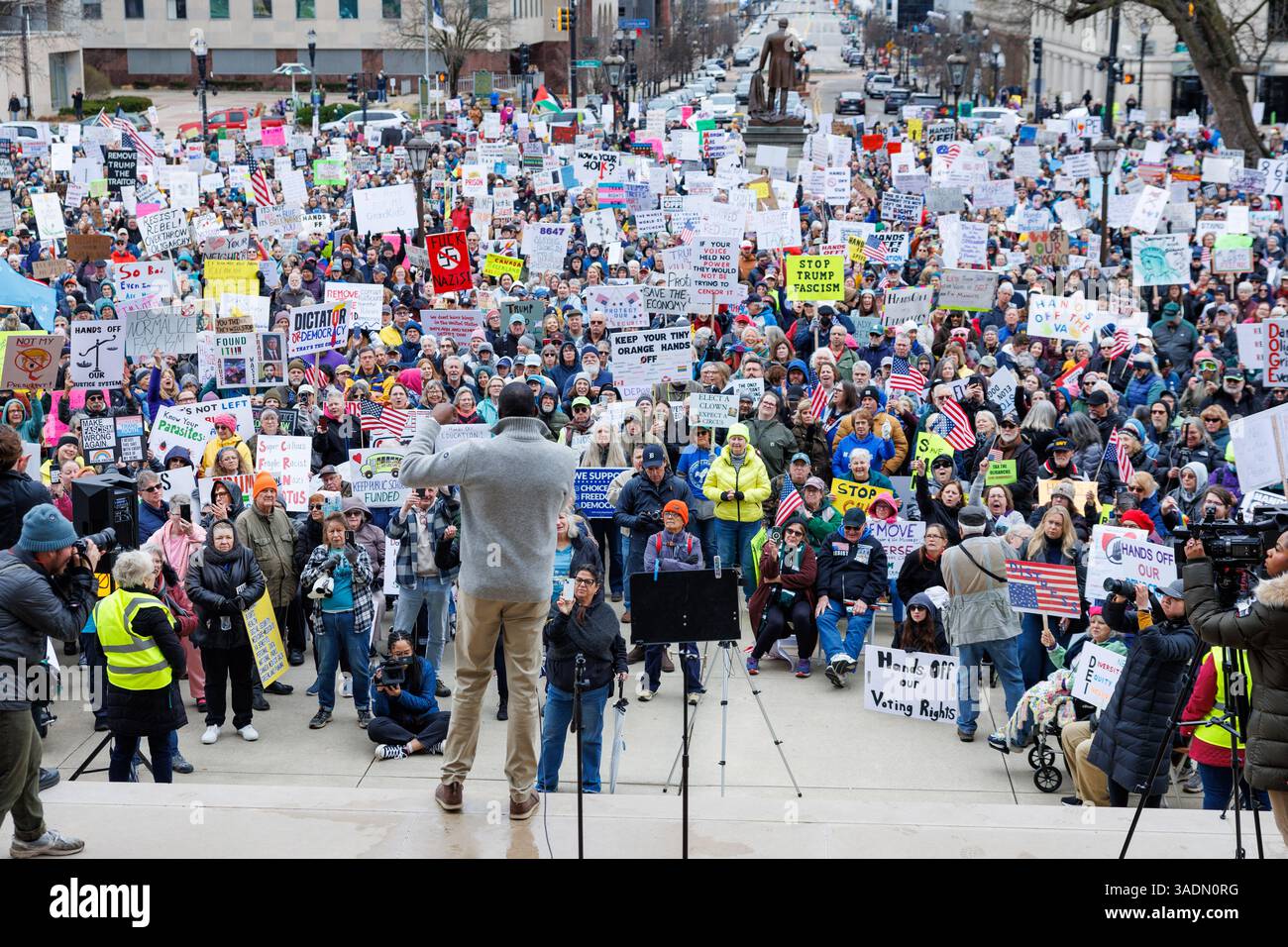 Lansing, USA. 05th Apr, 2025. Michigan Lt. Gov. Garlin Gilchrist speaks ...