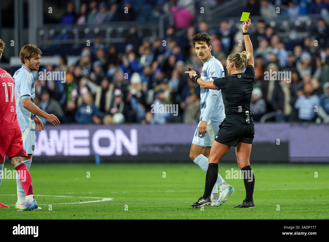 April 5, 2025: The official issues a yellow card to Sporting Kansas ...