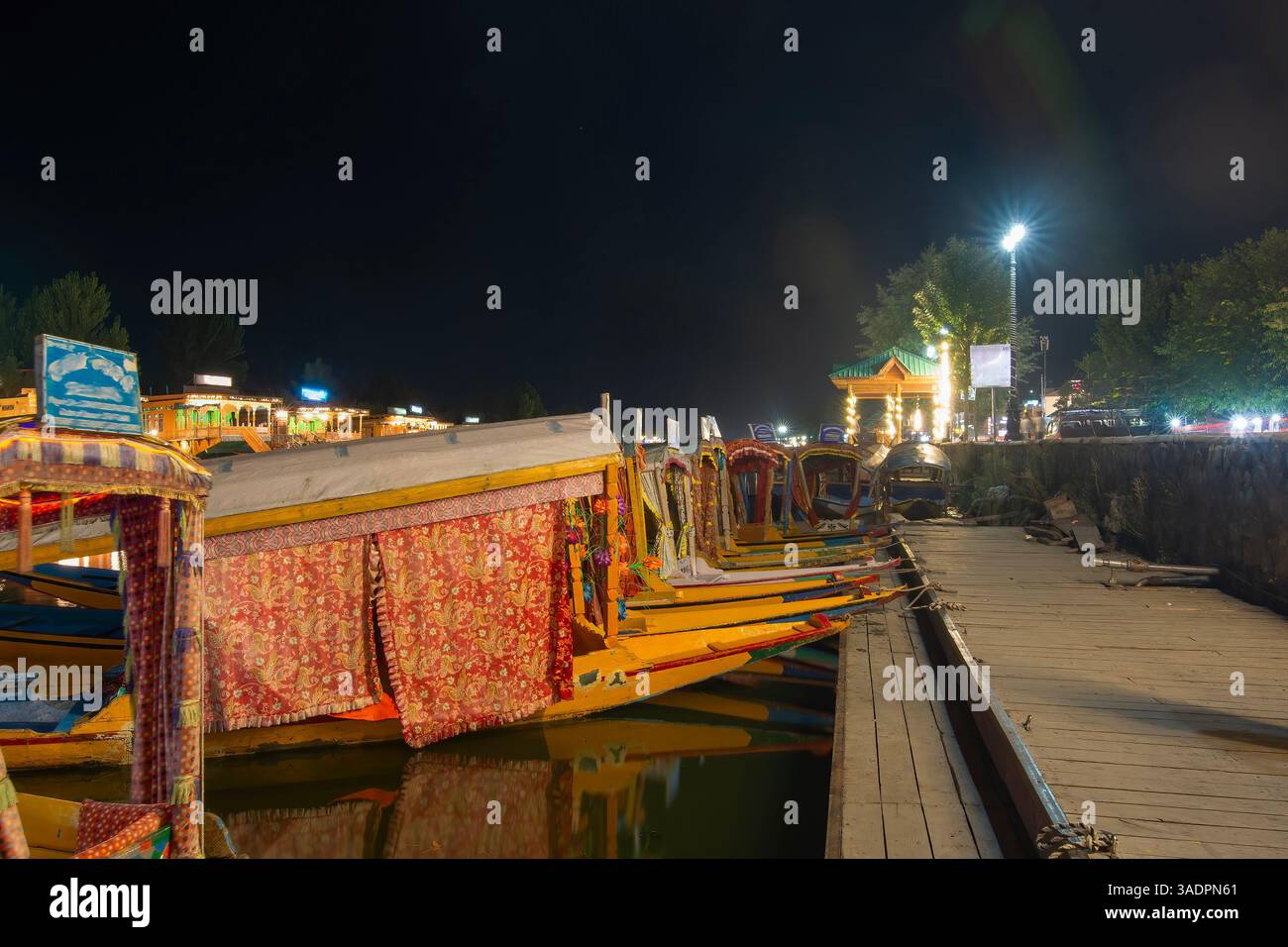 A late night view of the illuminated floating houseboats on Dal lake in ...