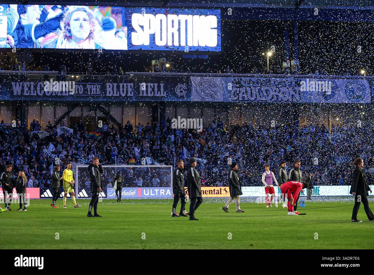 April 5, 2025: Confetti flies in the Sporting Kansas City fan section ...