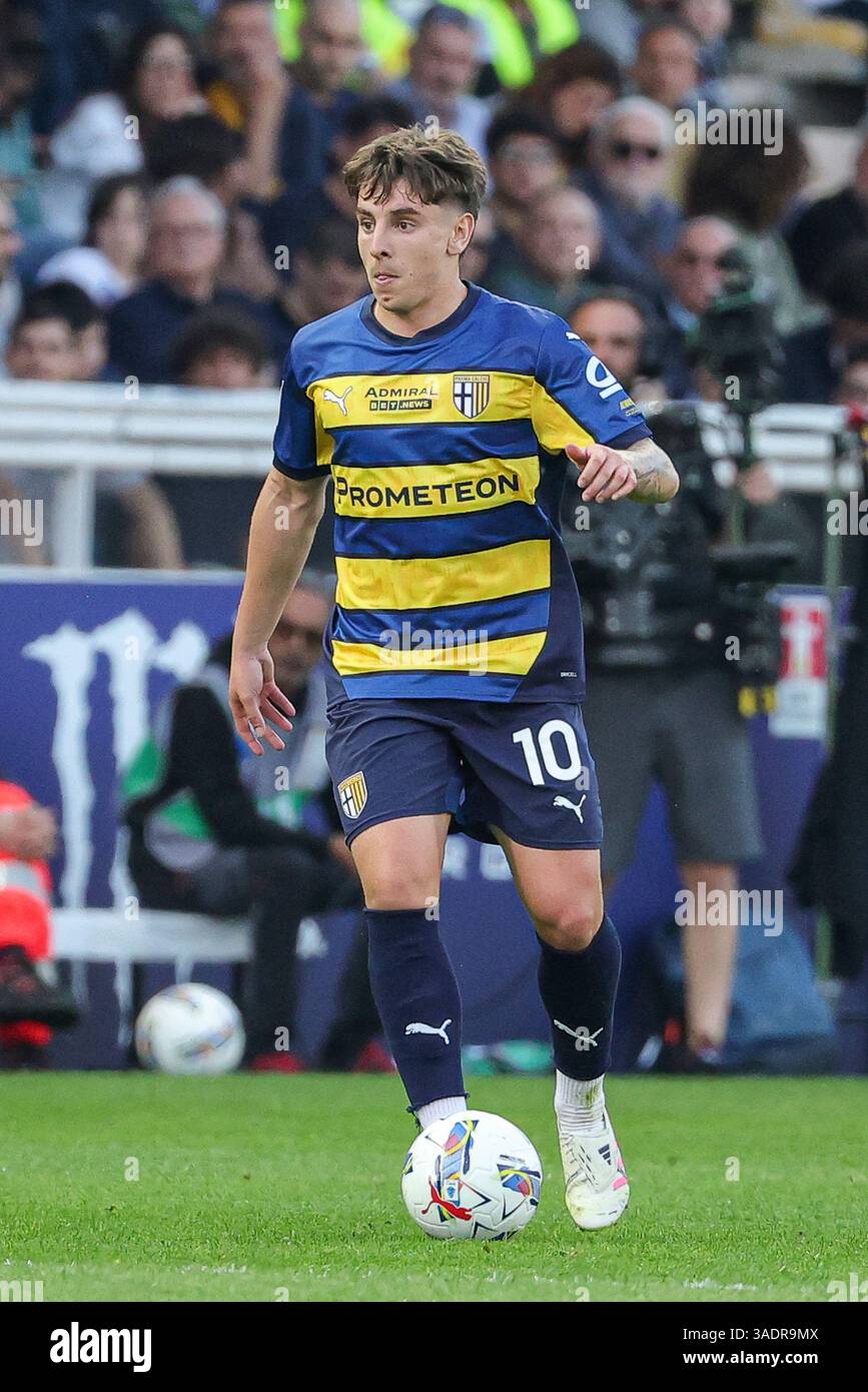Parma, Italy. 05th Apr, 2025. Adrian Bernabe of Parma Calcio seen in ...