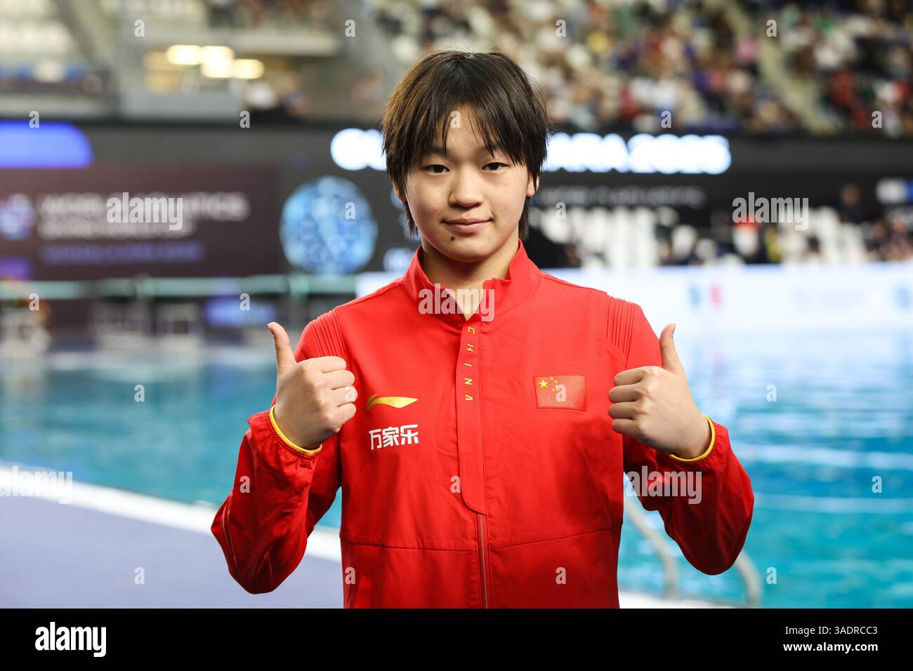 Guadalajara, Mexico. 5th Apr, 2025. Quan Hongchan of China reacts after ...