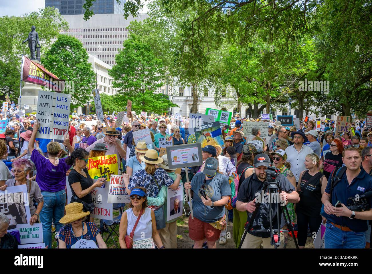 New Orleans, LA, USA - April 5, 2025: Protesters with signs at the ...