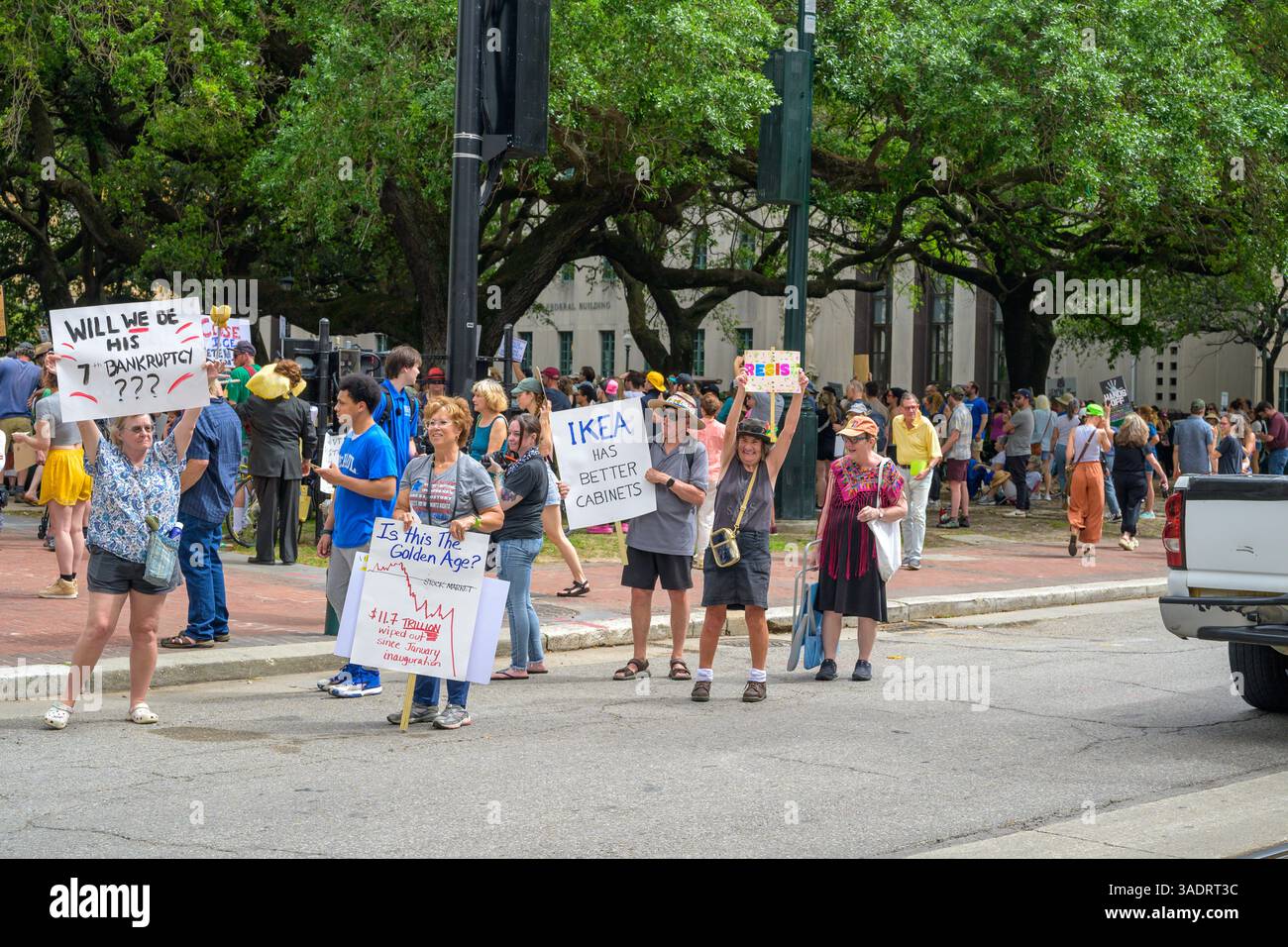 New Orleans, LA, USA - April 5, 2025: Protesters with signs at the ...