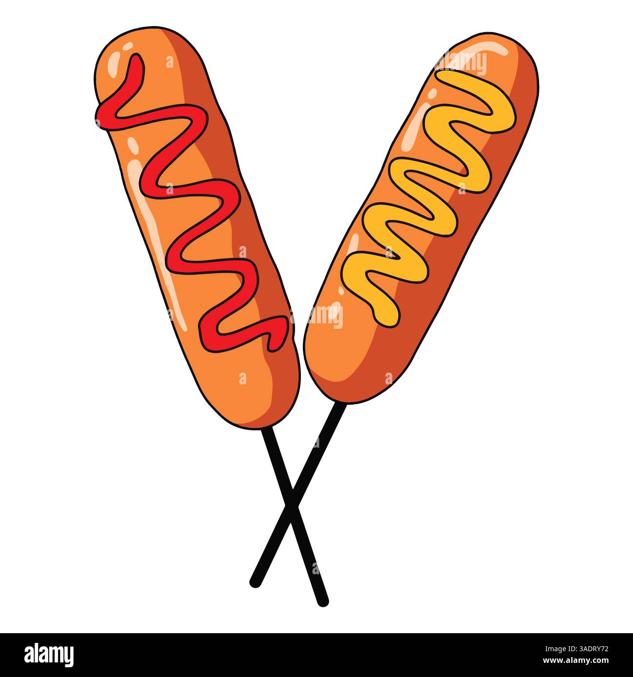 Vector illustration of two golden brown corndogs on sticks, a simple ...