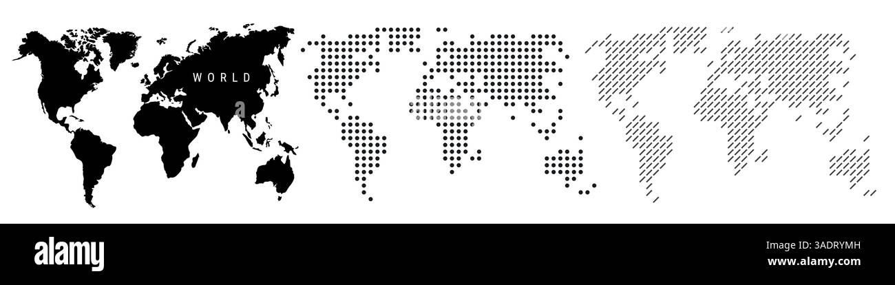 World detailed silhouette map, dotted pattern and slanted parallel lines pattern. Earth ...