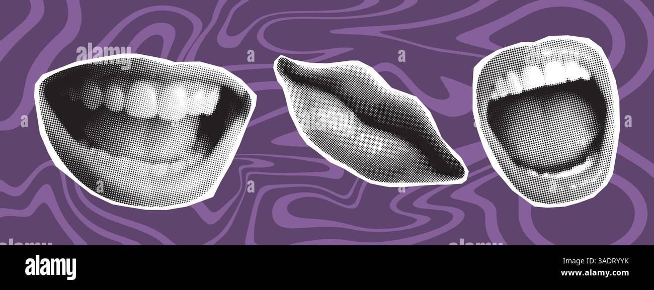 Halftone collage used in mixed-media design. Ear, nose, lips, and eyes ...