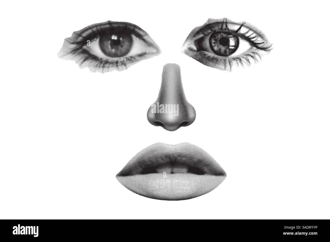 Halftone collage used in mixed-media design. Ear, nose, lips, and eyes ...