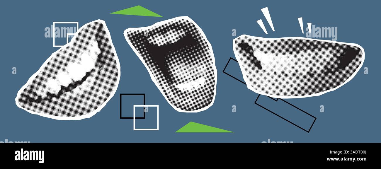 Halftone collage used in mixed-media design. Ear, nose, lips, and eyes ...