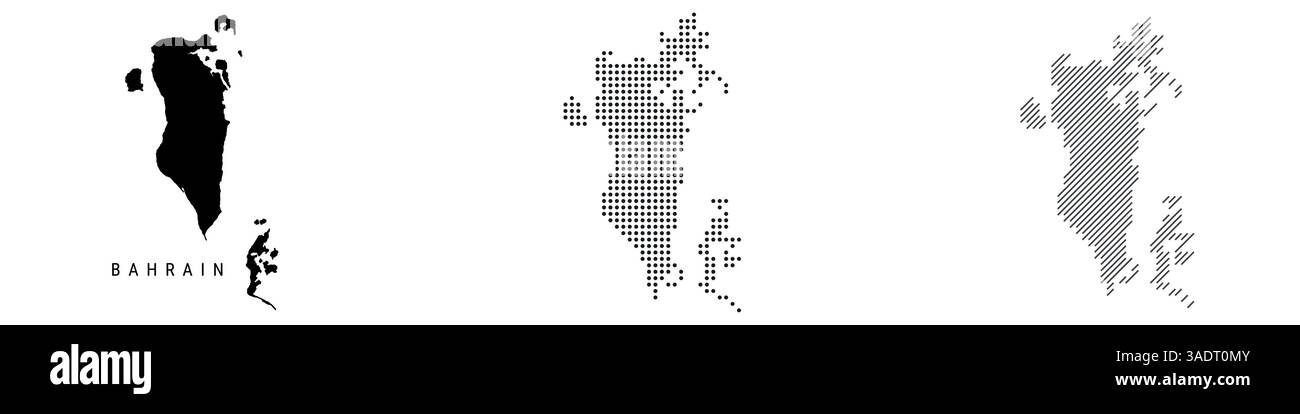 Bahrain detailed silhouette map, dotted pattern and slanted parallel lines pattern. Bahraini ...
