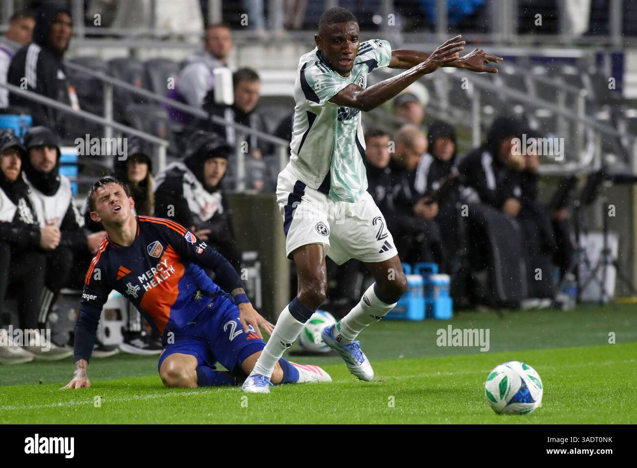 April 5, 2025: FC Cincinnati's Luca Orellano falls to the ground after ...