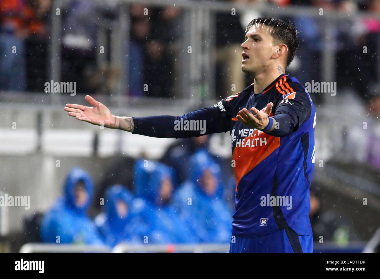 April 5, 2025: FC Cincinnatiâ€™s Luca Orellano reacts to a call from a ...