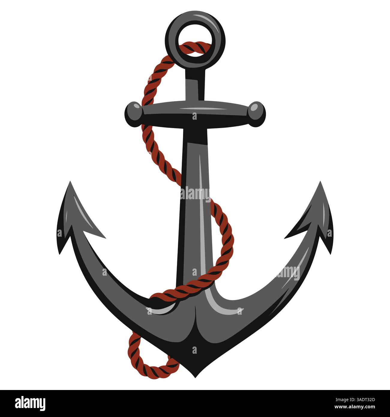 Vintage nautical anchor with twisted rope and wooden crossbar. A ...