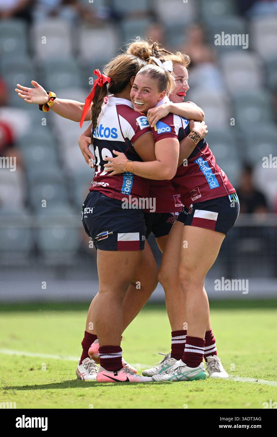 Brisbane, Australia. 06th Apr, 2025. Shalom Sauaso of the Reds (left ...