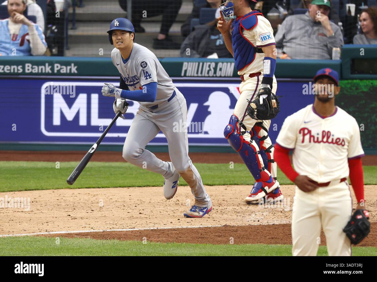 Los Angeles Dodgers designated hitter Shohei Ohtani flies out in the ...
