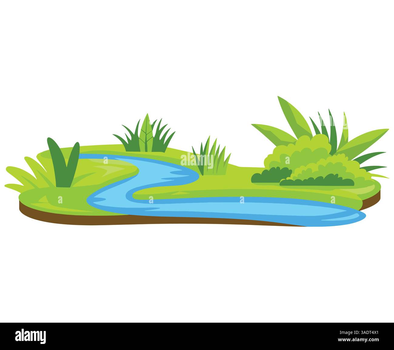 Winding stream flowing between grassy banks, isolated on a white ...