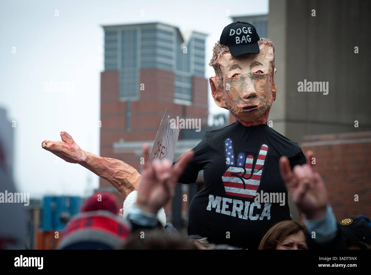 HANDS OFF, Boston, Massachusetts, USA, 5 April 2025. A large manikin ...