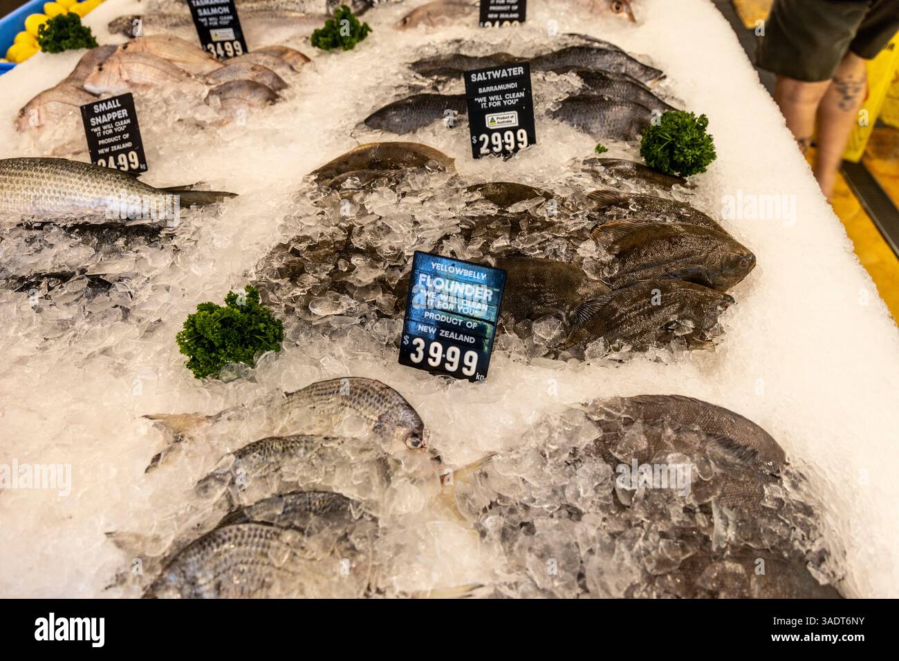 Fishmonger at Harris Farm supermarket in Sydney selling fresh flounder ...