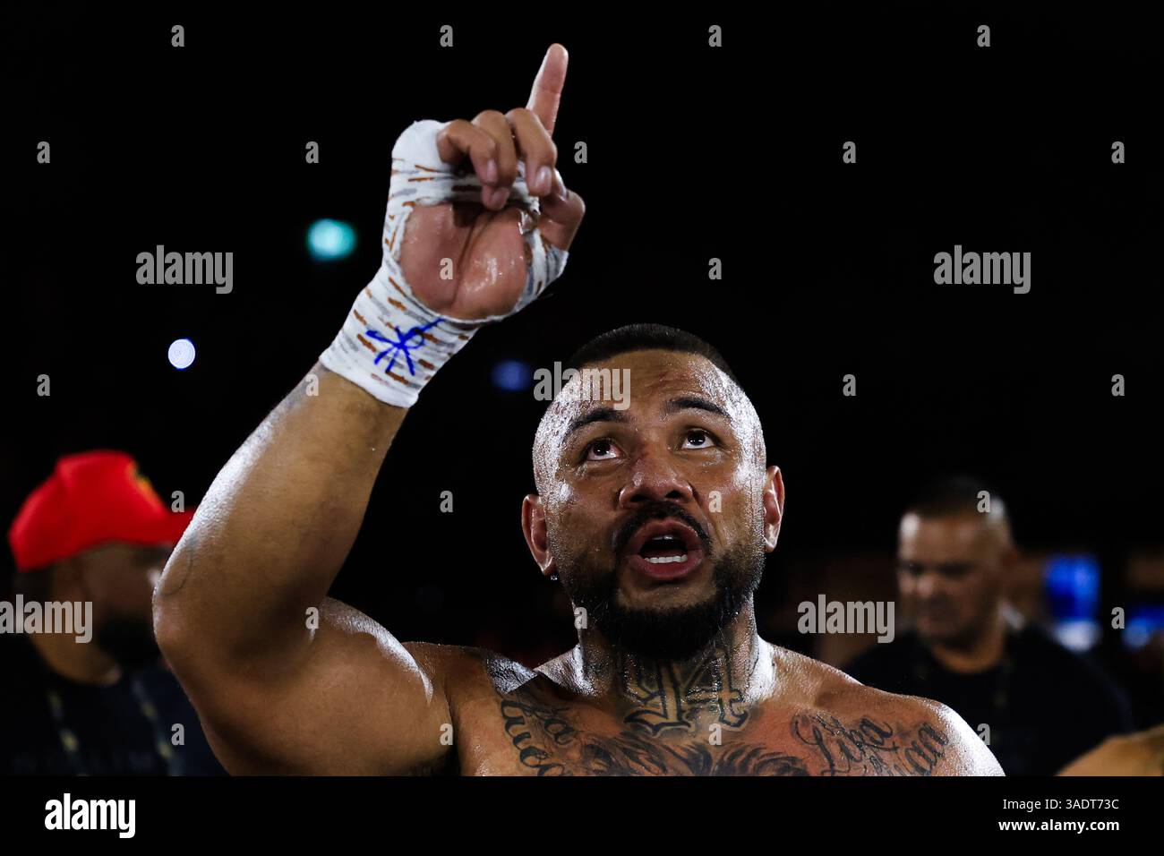 Liam Talivaa celebrates victory in the Australian Heavyweight Title ...