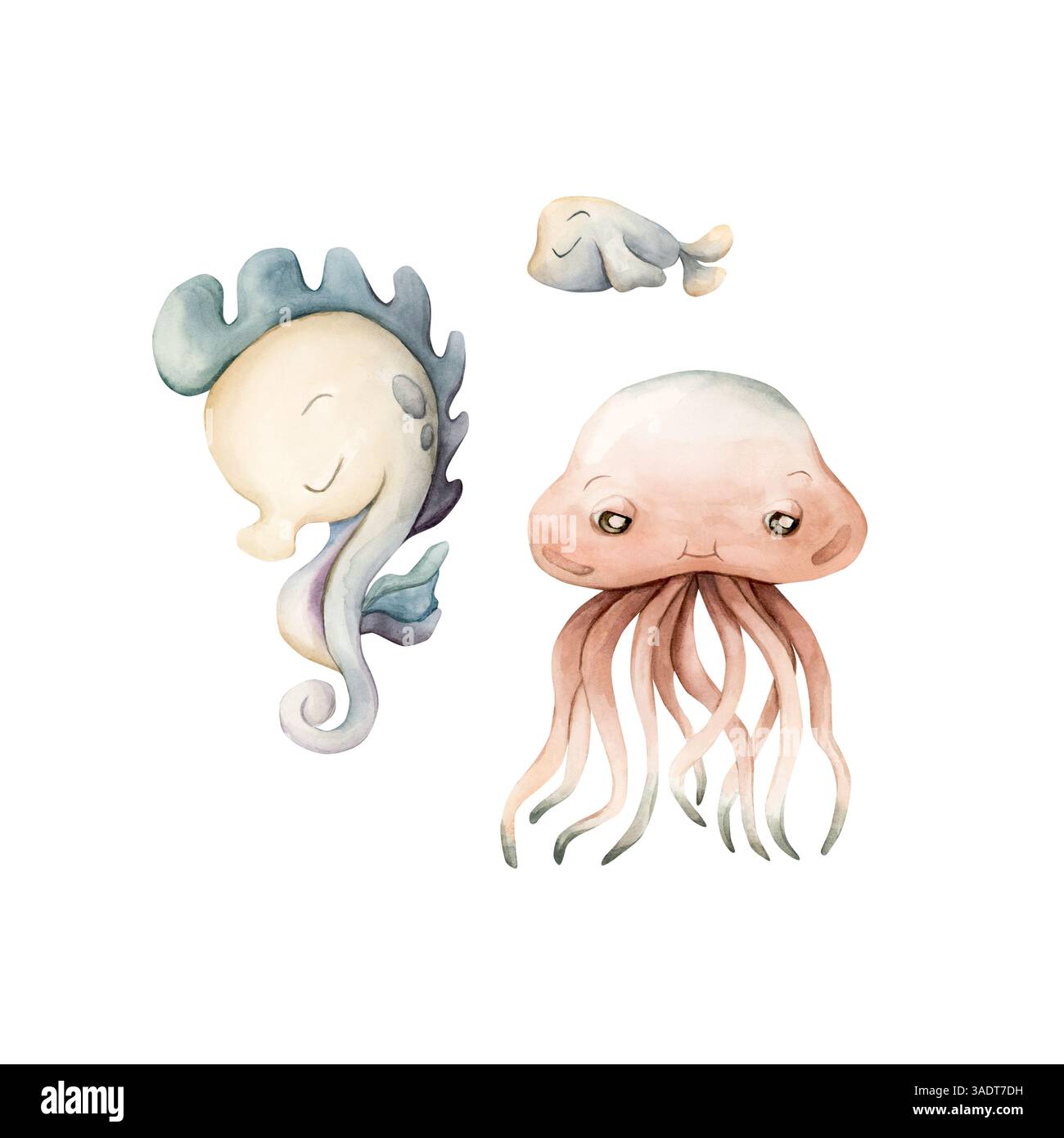 Sea Animals. Seahorse Jellyfish Fish Clipart Set isolated on white ...
