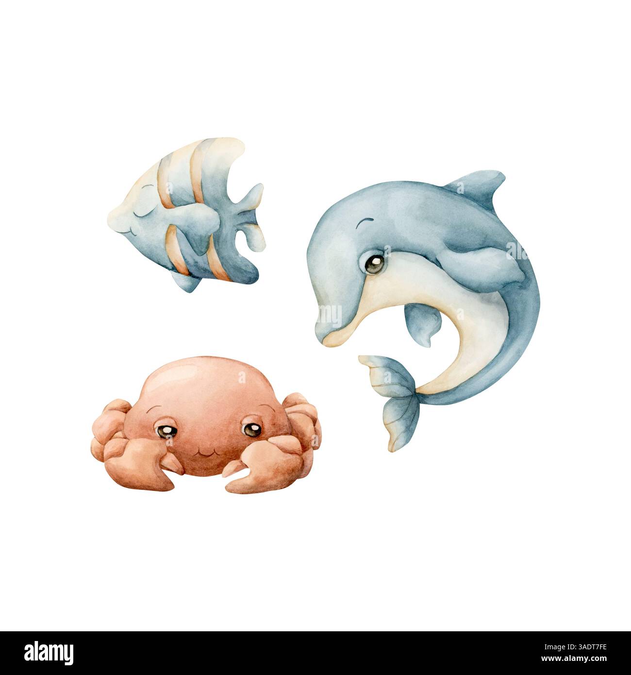 Sea Animals. Dolphin Crab Fish Clipart Set isolated on white. Cute ...