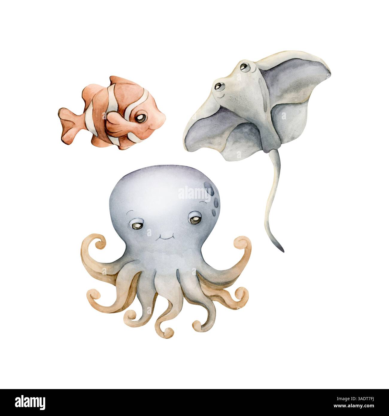 Sea Animals. Octopus Stingray Clown Fish Clipart Set isolated white ...