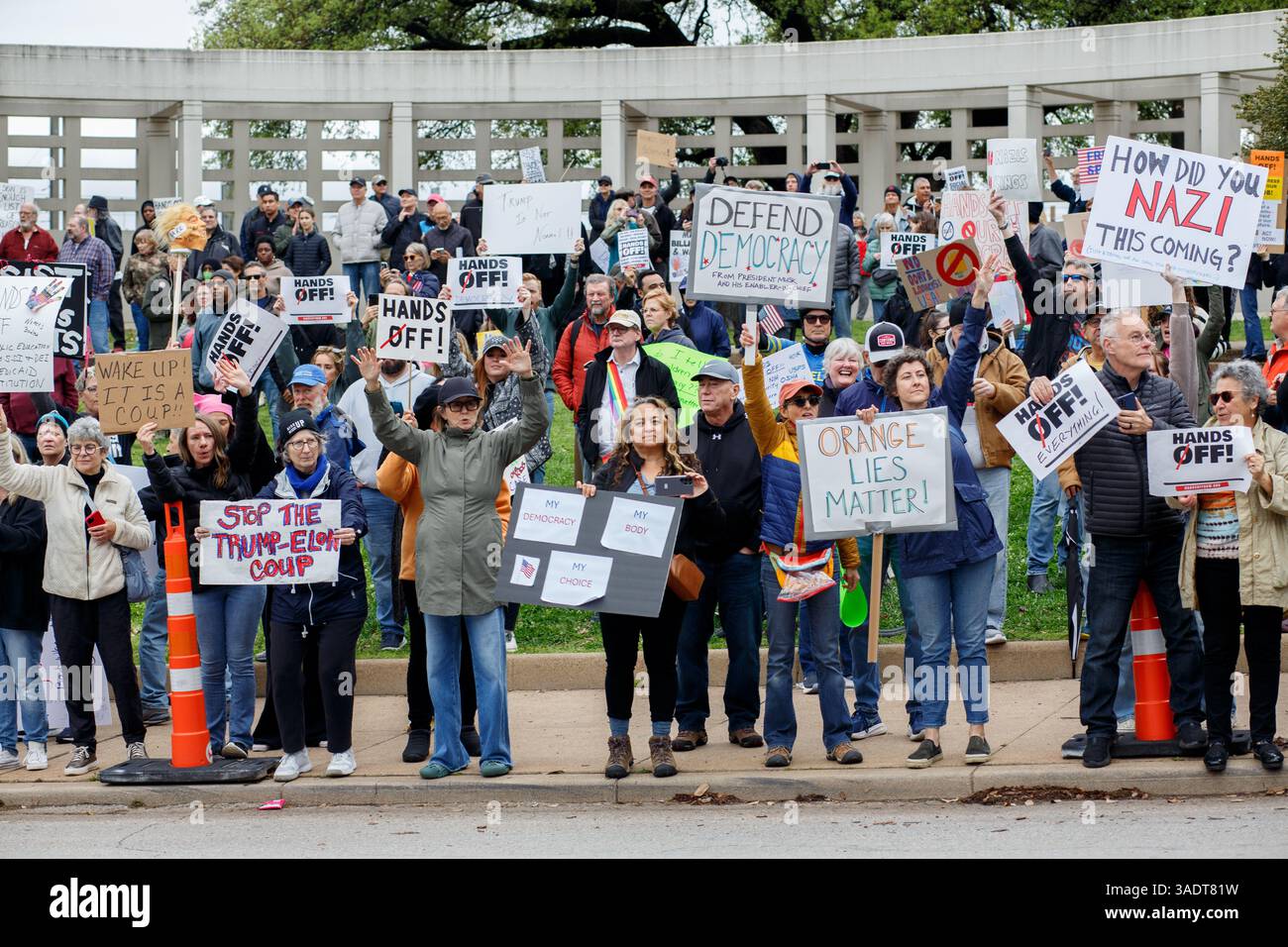 Dallas, Texas, USA. 5th Apr, 2025. Protestors chant and hold signs on ...