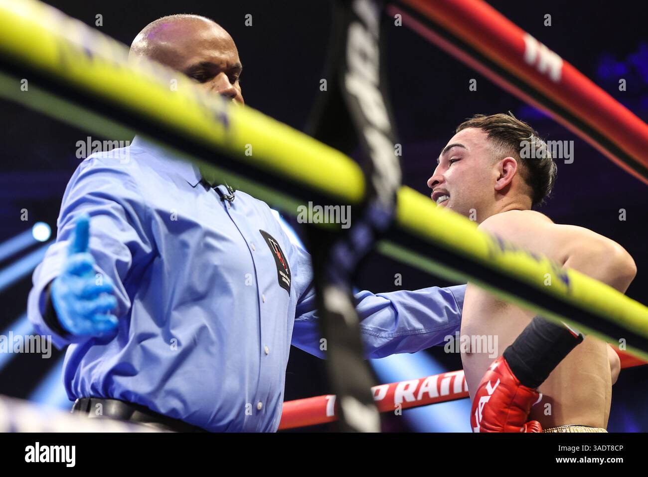 Las Vegas, USA.April 5, 2025: (L-R) Referee Robert Hoyle steps in to protect Robert Jimenez ...