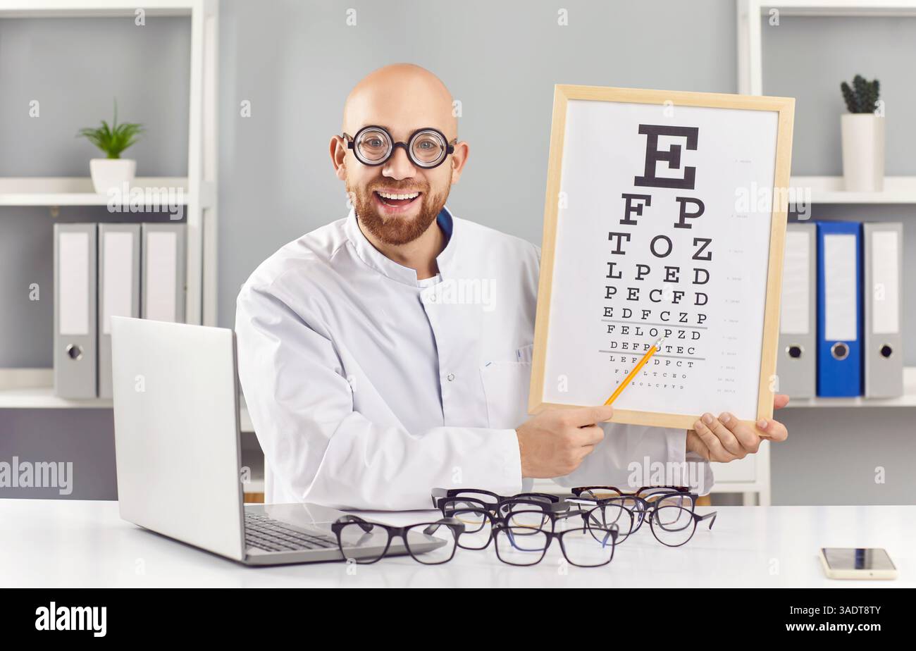 Funny Ophthalmologist Conducting Vision Checkup With Chart In Hospital ...