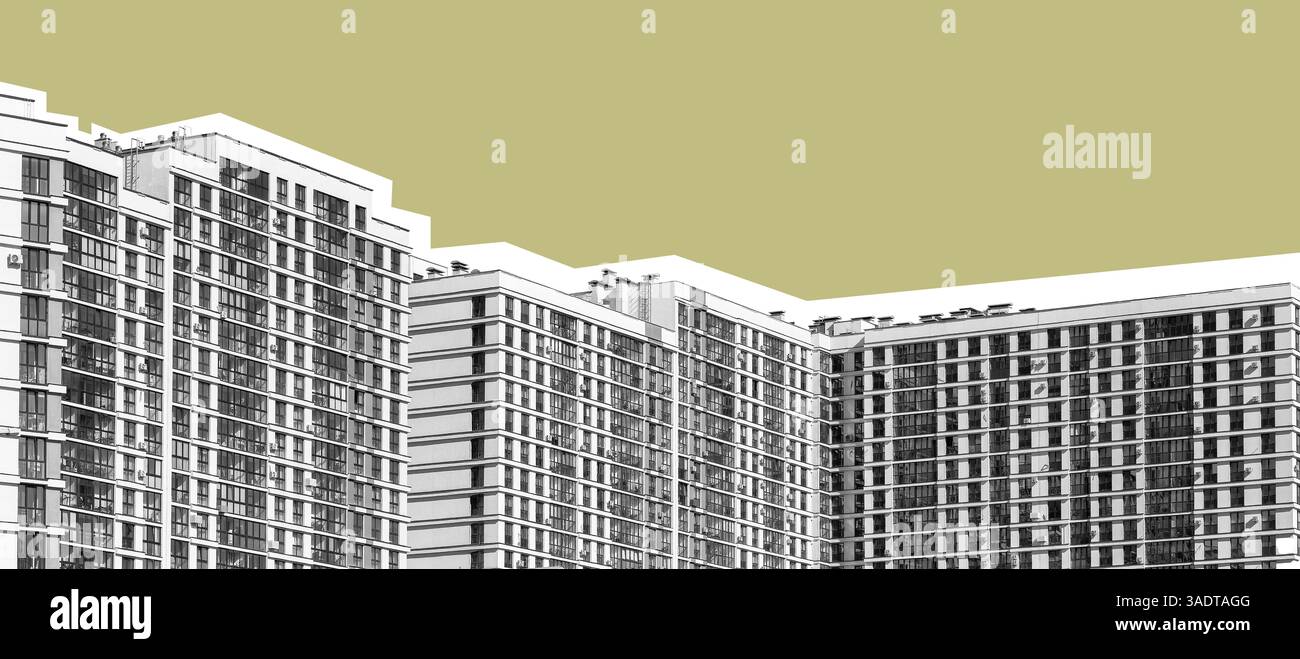Building facade in metropolis. Tall highrise block with apartment and ...