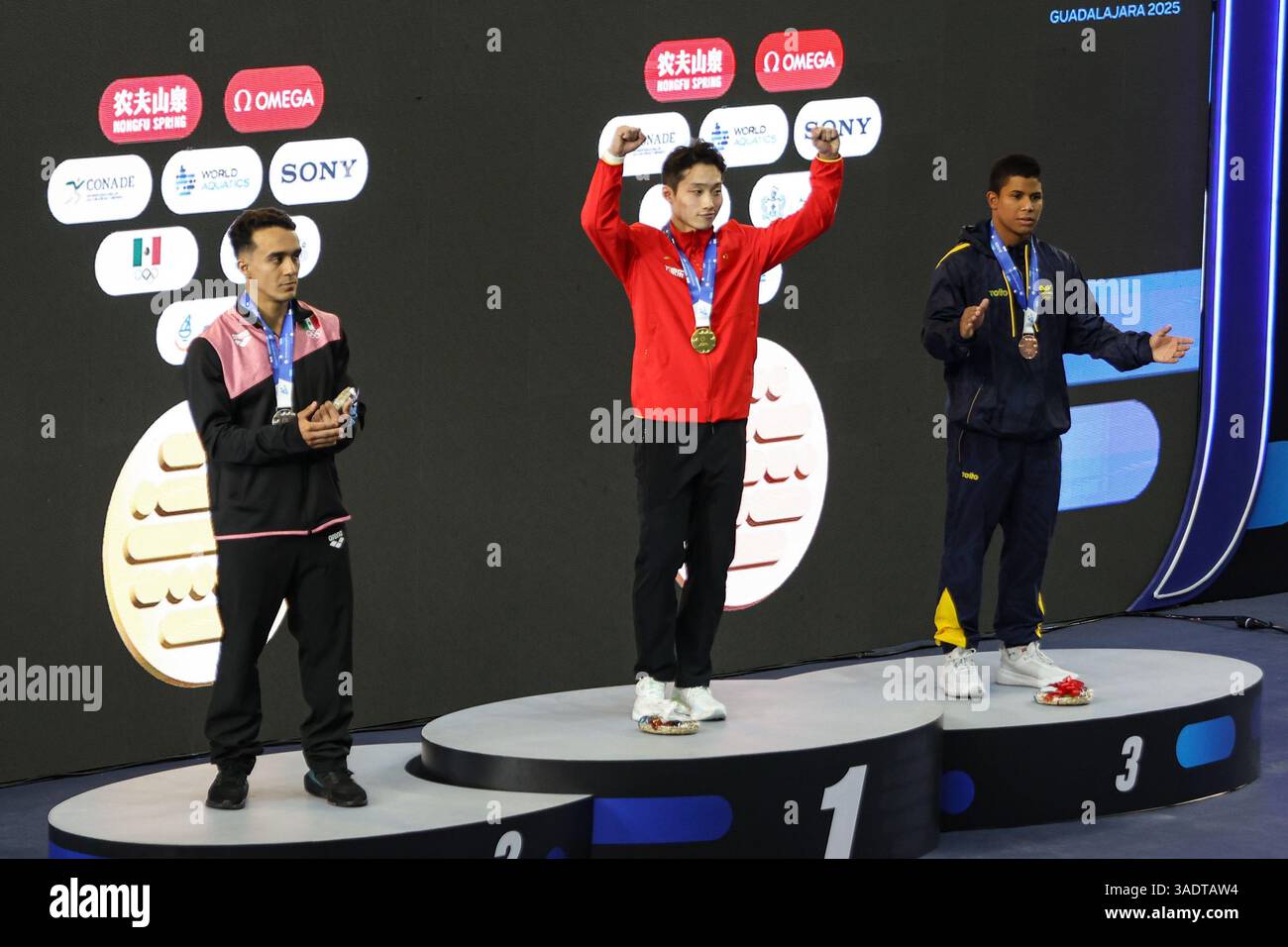 Guadalajara, Mexico. 5th Apr, 2025. Gold medalist Wang Zongyuan (C) of ...