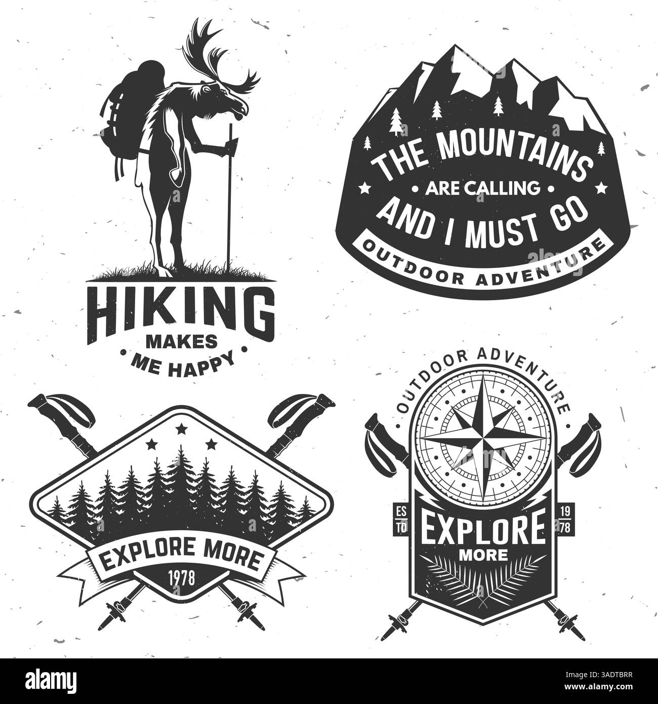 Set of outdoor adventure sticker. Vector. Vintage design with pin forest, hiking moose and ...