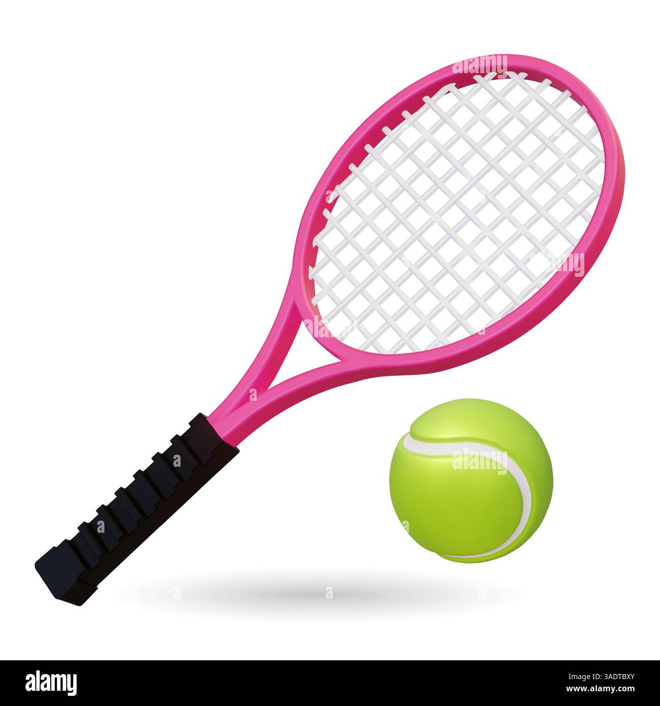 3d realistic pink tennis racket and green tennis ball on white ...