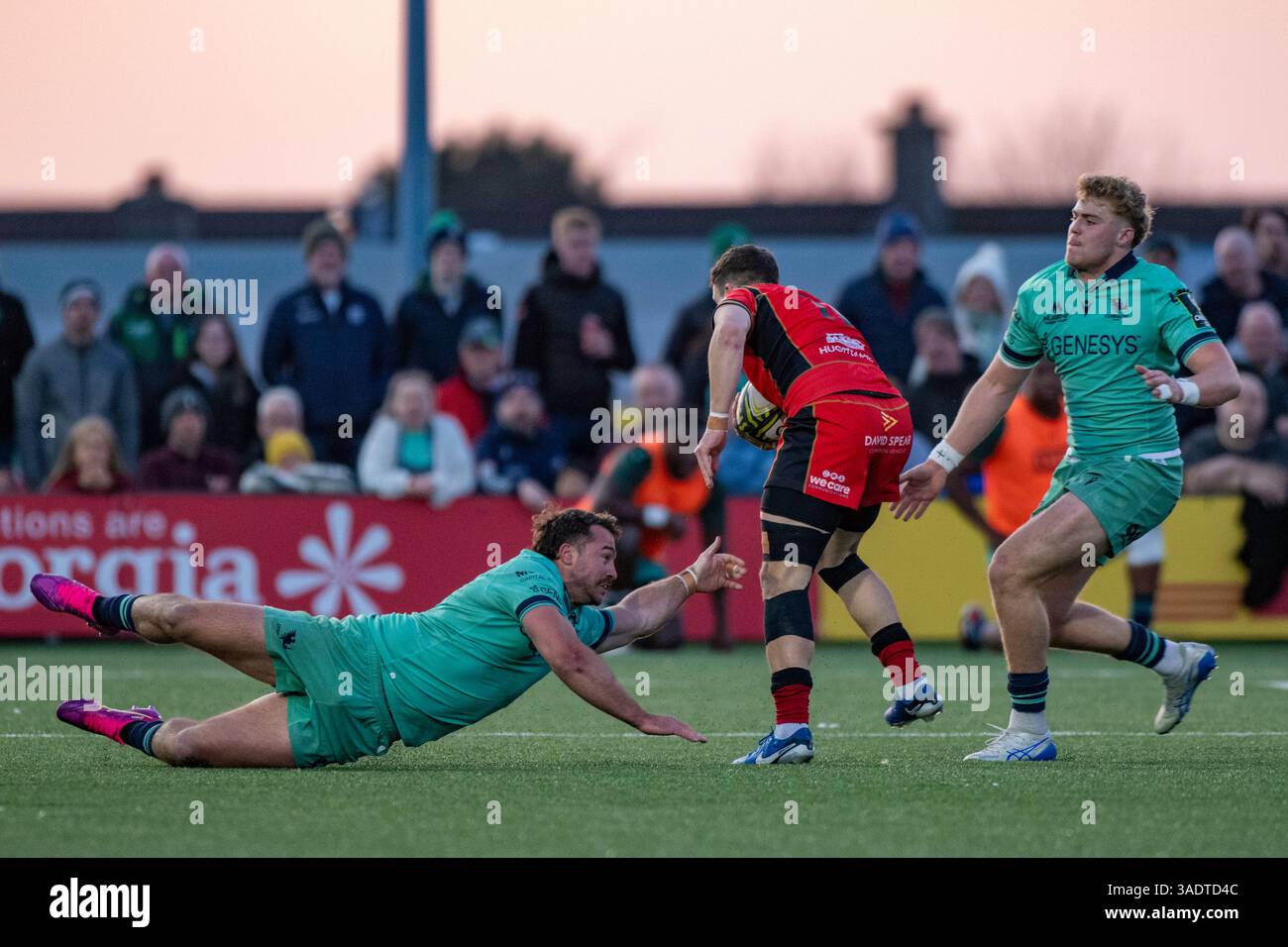 Galway, Ireland. 06th Apr, 2025. Harri Millard of Cardiff tackle by ...