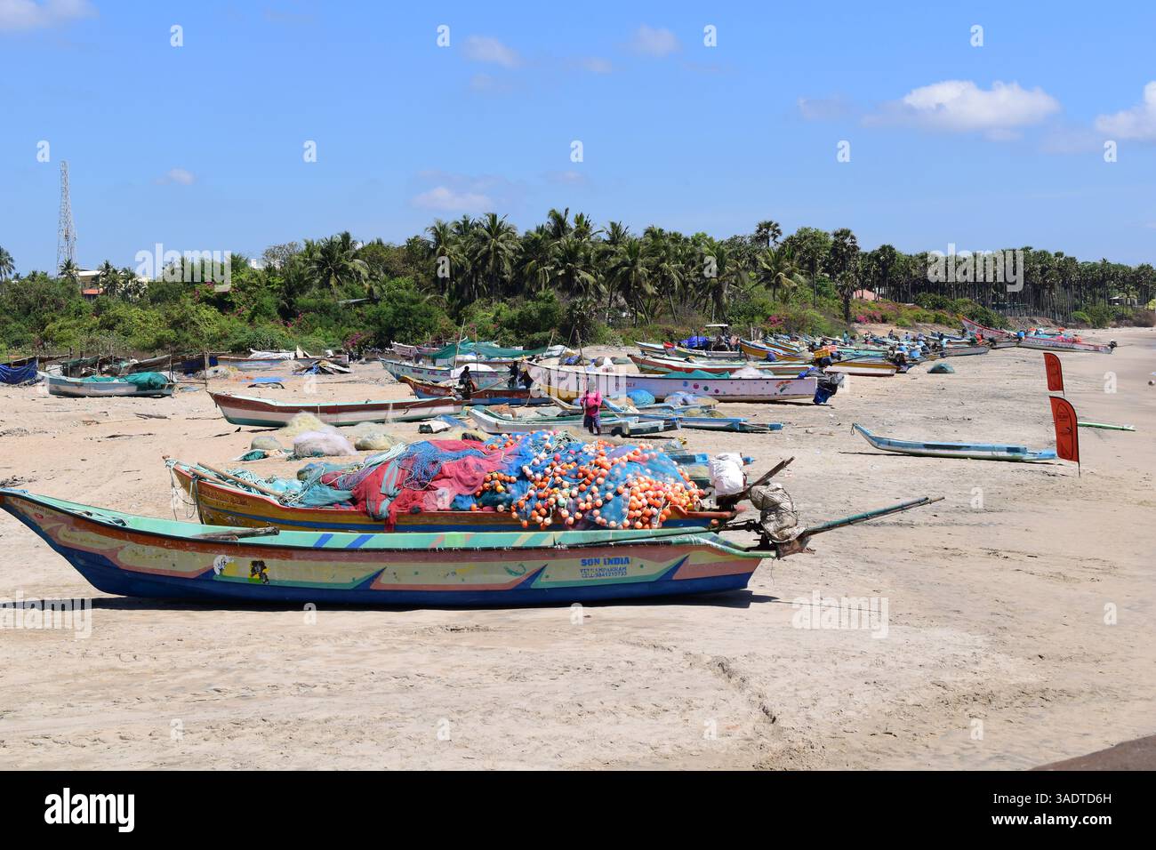 View of fishing boats at Serenity beach in Pondicherry, India Stock ...