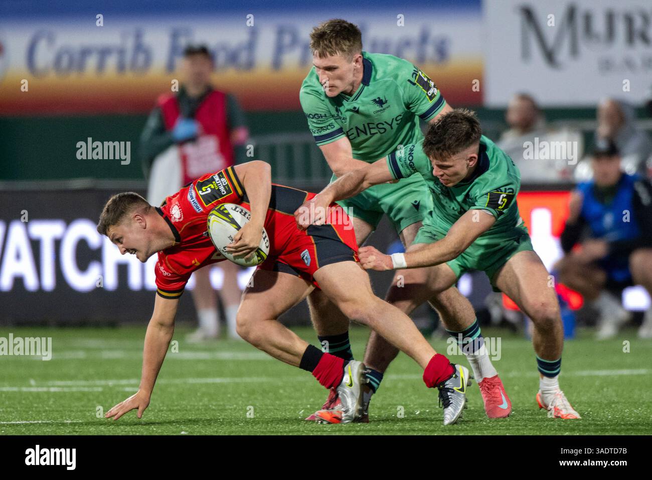 Galway, Ireland. 06th Apr, 2025. Callum Sheedy of Cardiff tackled by Matthew Devine of Connacht ...