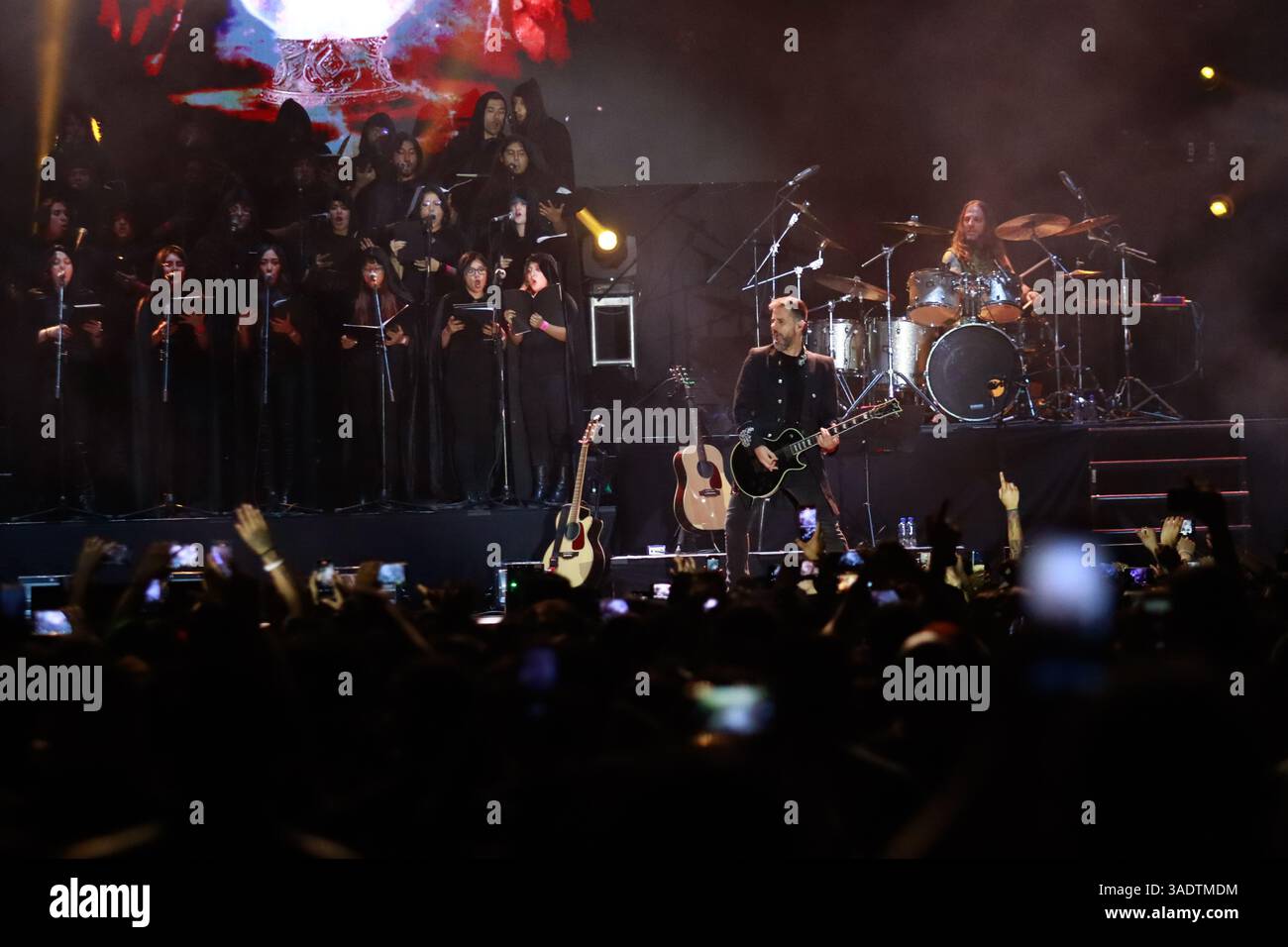 Members of the Spanish folk metal band ‘Saurom’ performs on stage as ...