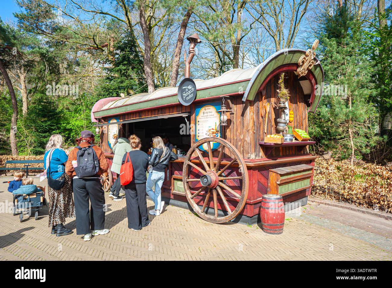 Stall in the shape of a wooden caravan where you can buy all kinds of ...